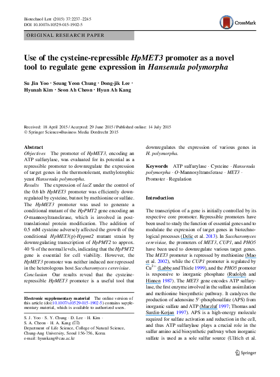(PDF) Use of the cysteine-repressible HpMET3 promoter as a novel tool ...