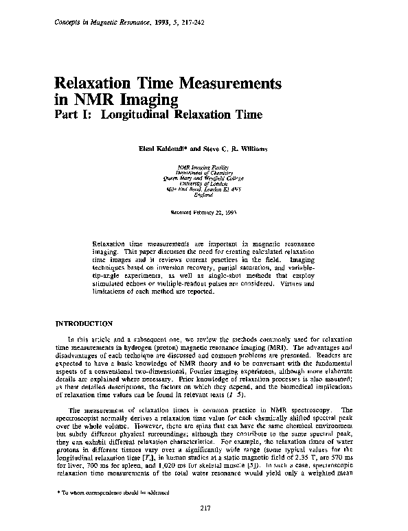 (PDF) Relaxation time measurements in NMR imaging. Part I: Longitudinal ...