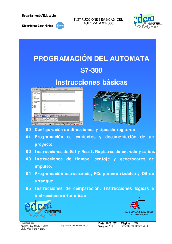 (PDF) Departament d'Educació Electricitat/Electrònica INSTRUCCIONES BASICAS DEL AUTOMATA S7-300 ...