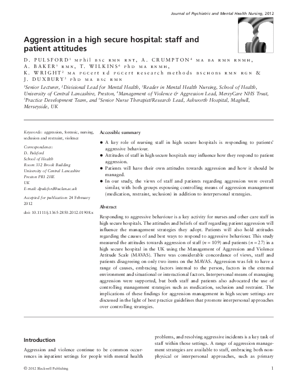 (PDF) Aggression in a high secure hospital: staff and patient attitudes