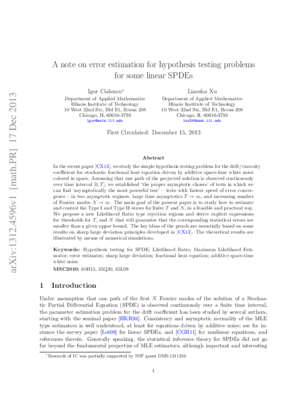 Pdf A Note On Error Estimation For Hypothesis Testing Problems For Some Linear Spdes