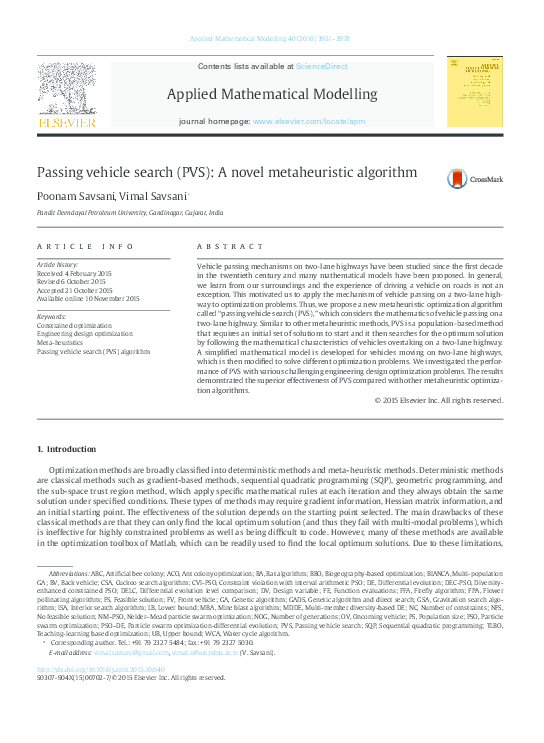 (PDF) Passing vehicle search (PVS): A novel metaheuristic algorithm