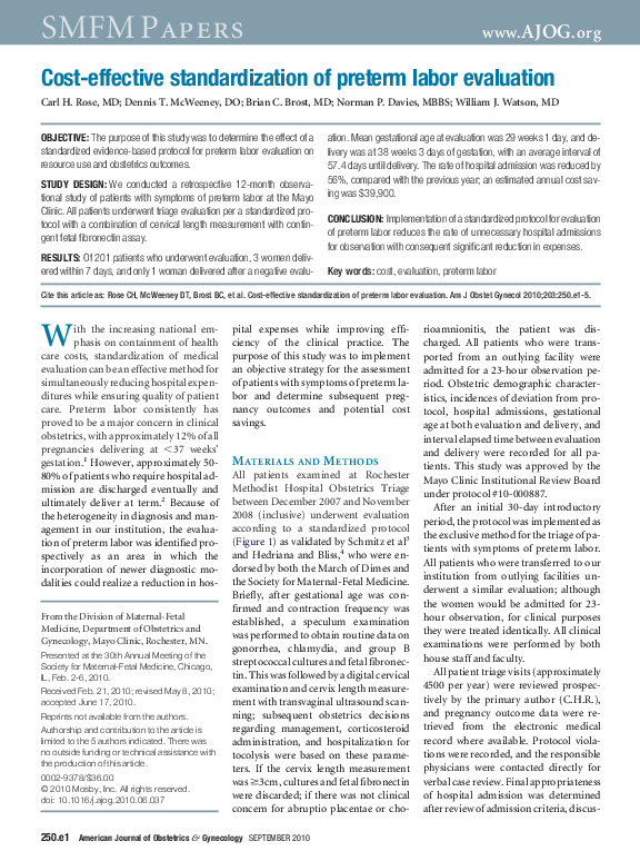(PDF) Cost-effective standardization of preterm labor evaluation
