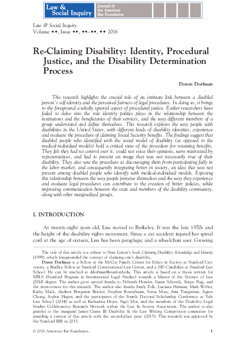 (PDF) Re-Claiming Disability: Identity, Procedural Justice, and the ...