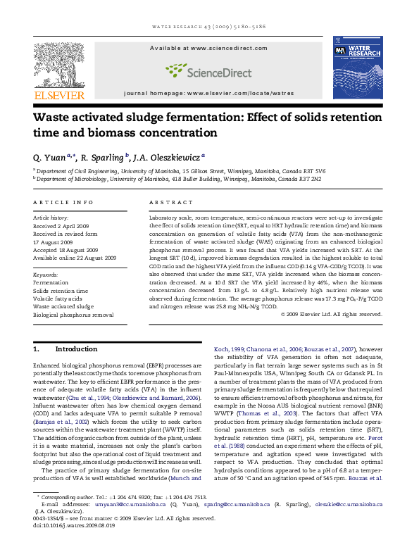 (PDF) Waste activated sludge fermentation: Effect of solids retention time and biomass concentration