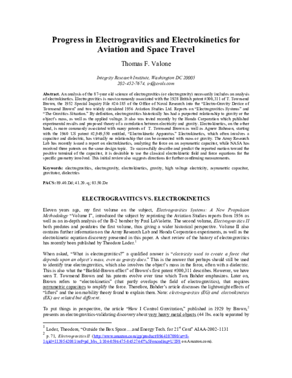 (PDF) Analysis of Electrogravitics, Electrokinetics and Potential for ...