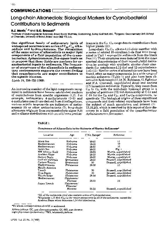 (PDF) Long-chain alkanediols: Biological markers for cyanobacterial ...