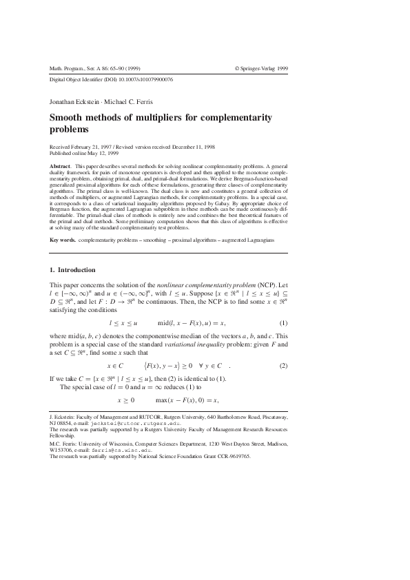 (PDF) Smooth methods of multipliers for complementarity problems