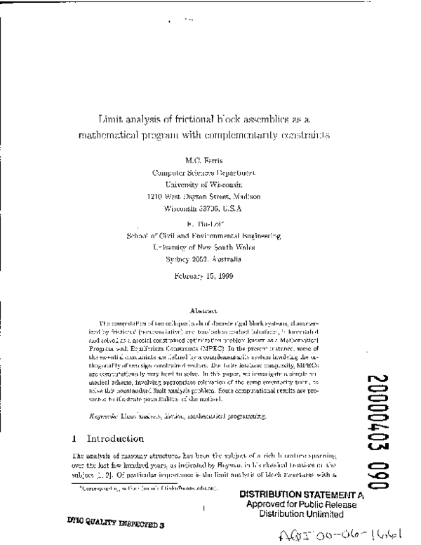 Pdf Limit Analysis Of Frictional Block Assemblies As A Mathematical Program With