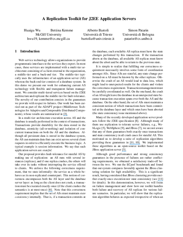 (PDF) A Replication Toolkit for J2EE Application Servers