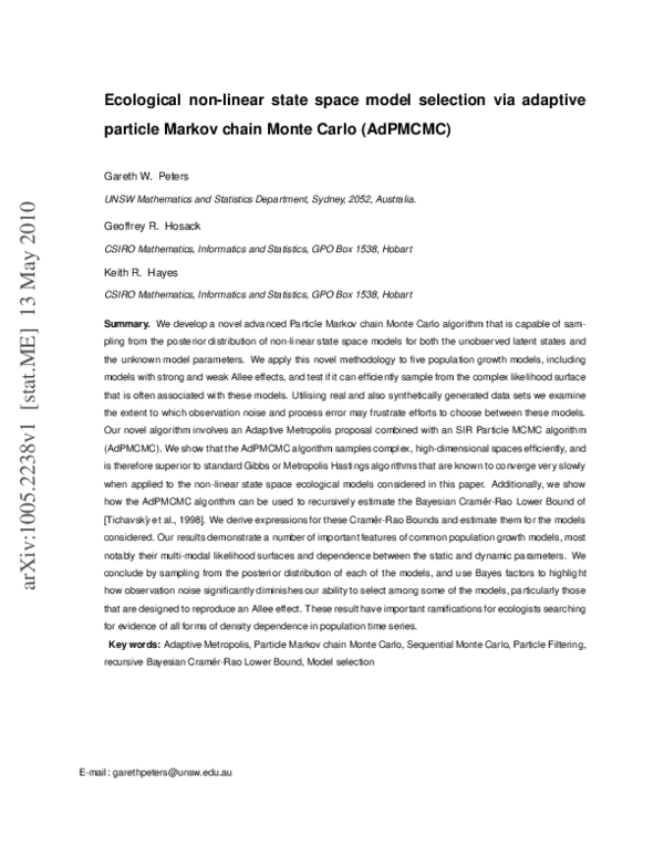 Pdf Ecological Non Linear State Space Model Selection Via Adaptive