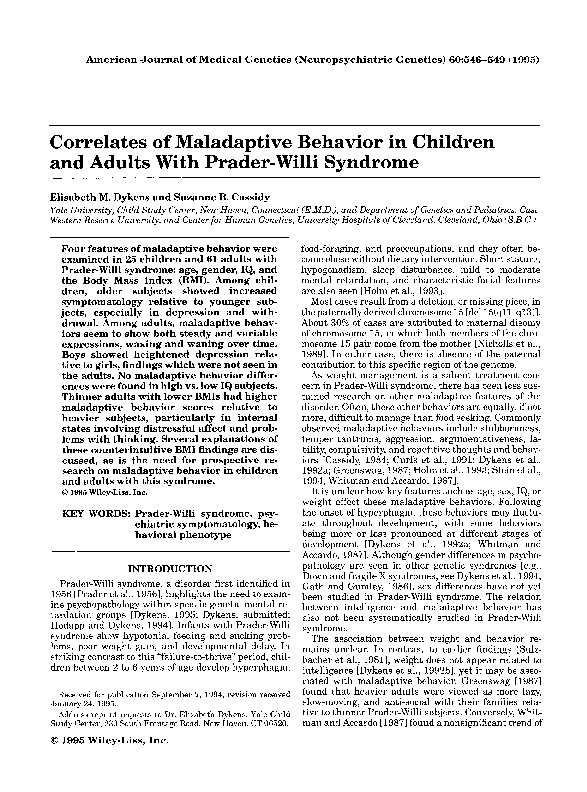 Correlates of maladaptive behavior in children and adults with Prader ...