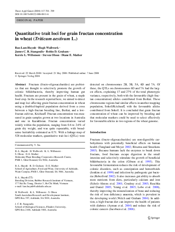 Pdf Quantitative Trait Loci For Grain Fructan Concentration In Wheat Triticum Aestivum L