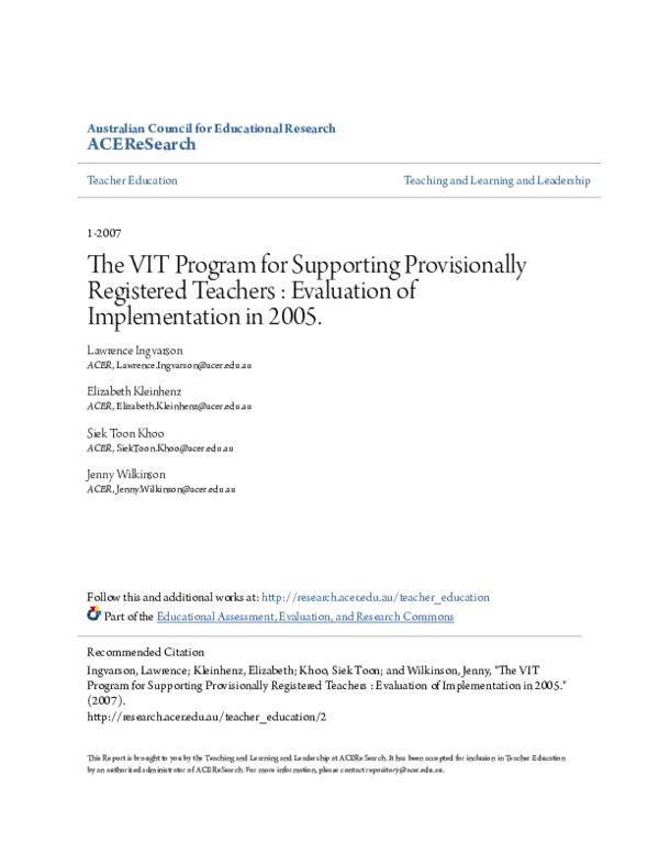 (PDF) The VIT Program for Supporting Provisionally Registered Teachers ...