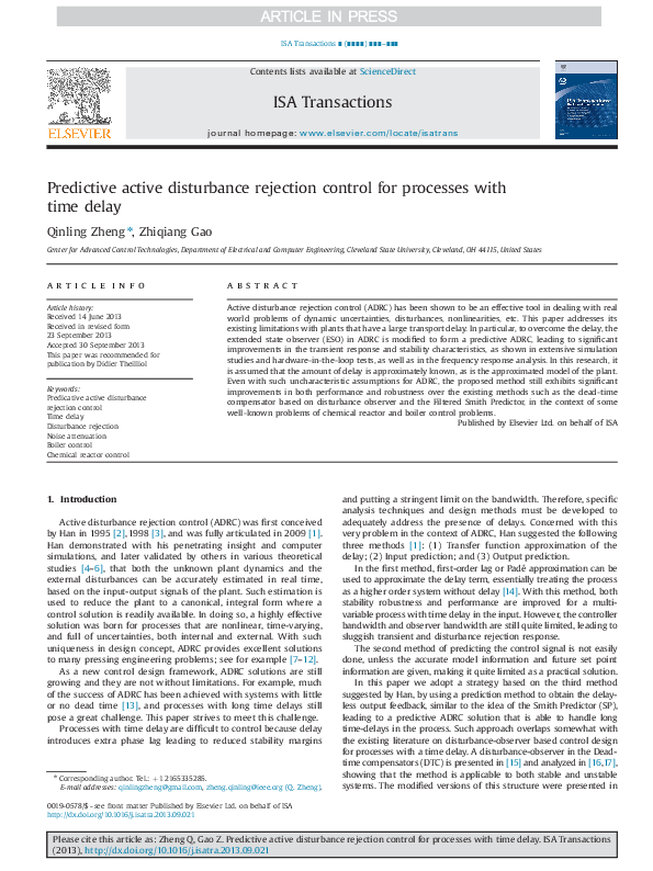 (PDF) Predictive active disturbance rejection control for processes with time delay