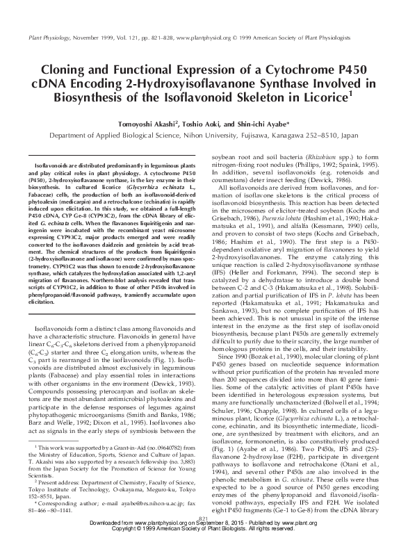(PDF) Cloning and Functional Expression of a Cytochrome P450 cDNA Encoding 2-Hydroxyisoflavanone ...