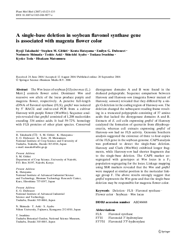 (PDF) A single-base deletion in soybean flavonol synthase gene is ...