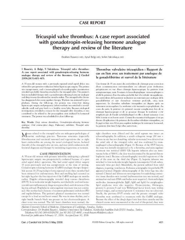 Pdf Tricuspid Valve Thrombus A Case Report Associated With Gonadotropin Releasing Hormone