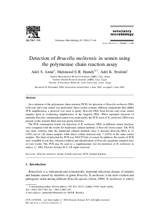 Pdf Detection Of Brucella Melitensis In Semen Using The Polymerase