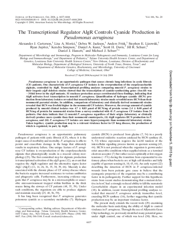 (PDF) The Transcriptional Regulator AlgR Controls Cyanide Production in ...