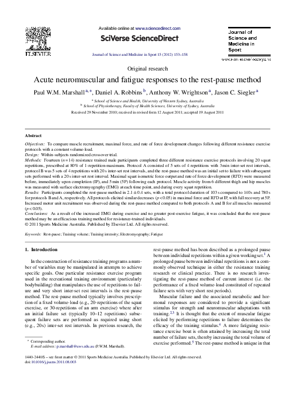 (PDF) Acute neuromuscular and fatigue responses to the rest-pause method