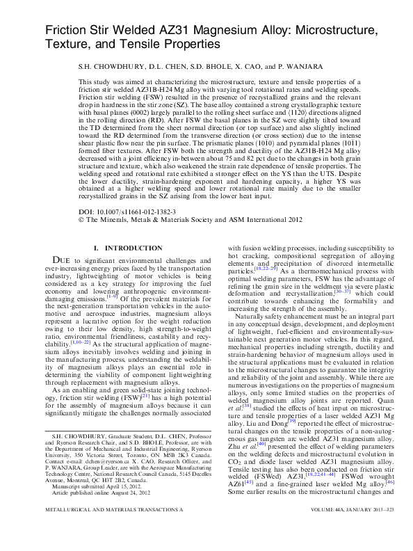 (PDF) Friction Stir Welded AZ31 Magnesium Alloy: Microstructure, Texture, and Tensile Properties