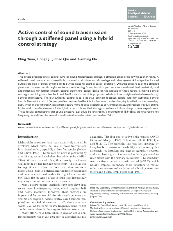 (PDF) Active control of sound transmission through a stiffened panel ...