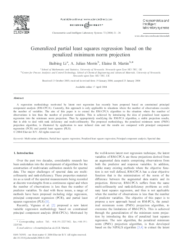 Pdf Generalized Partial Least Squares Regression Based On The