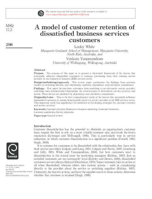 (PDF) A model of customer retention of dissatisfied business services ...