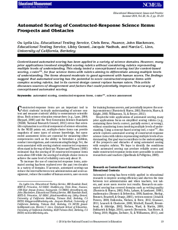 Pdf Automated Scoring Of Constructed Response Science Items Prospects And Obstacles