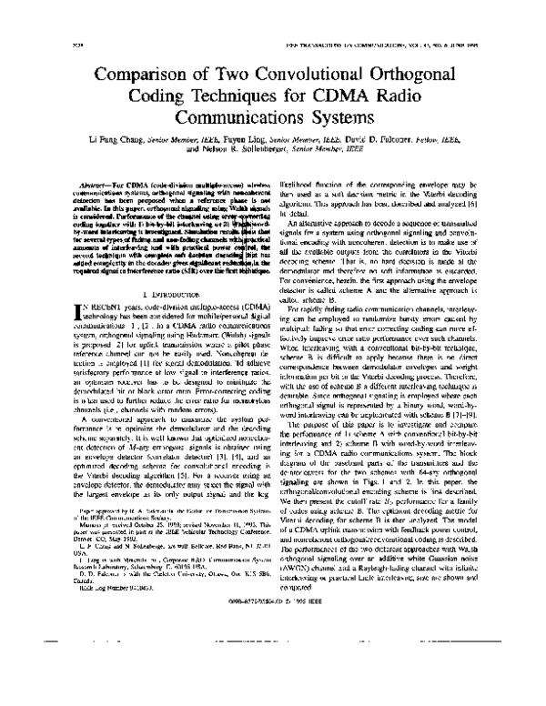 Pdf Comparison Of Two Convolutional Orthogonal Coding Techniques For Cdma Radio Communications