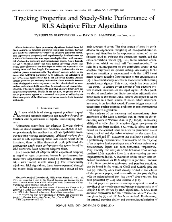 Pdf Tracking Properties And Steady State Performance Of Rls Adaptive Filter Algorithms