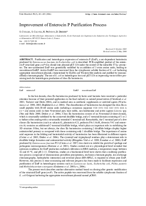 Pdf Improvement Of Enterocin P Purification Process