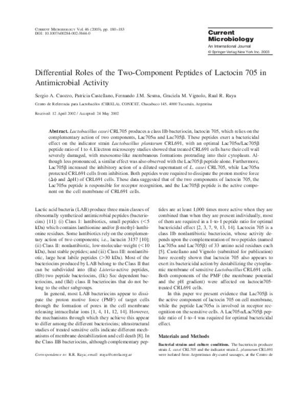 (PDF) Differential Roles of the Two-Component Peptides of Lactocin 705 ...