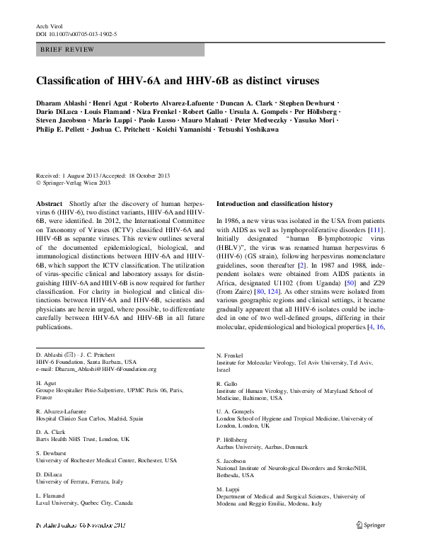 (PDF) Classification of HHV-6A and HHV-6B as distinct viruses