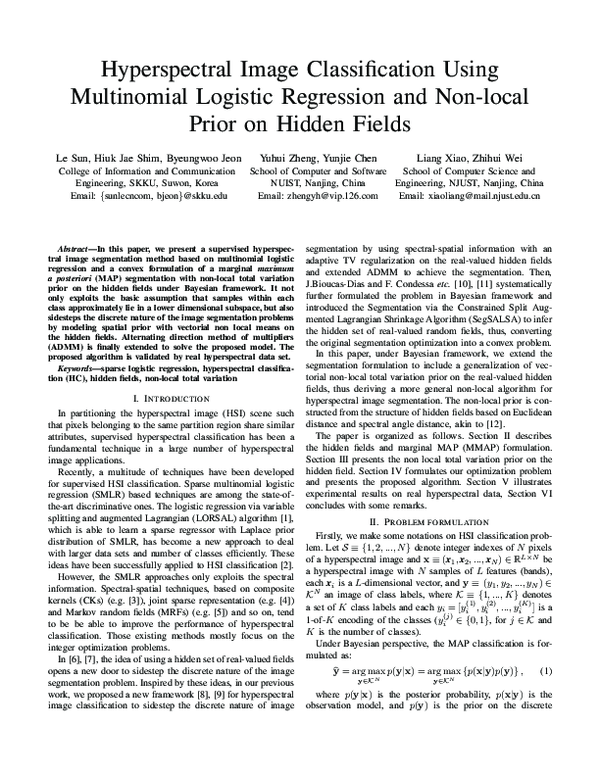 Pdf Hyperspectral Image Classification Using Multinomial Logistic Regression And Non Local