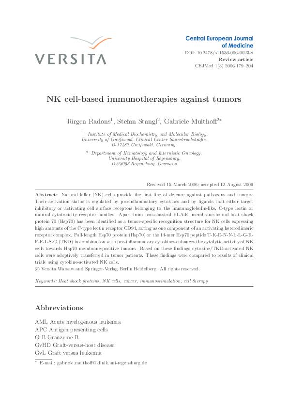 (PDF) NK cell-based immunotherapies against tumors