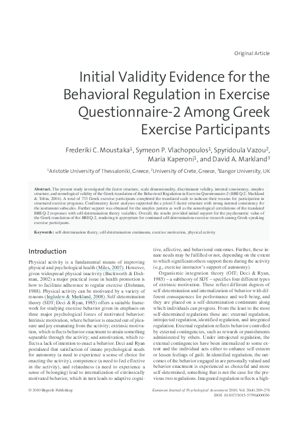 Pdf Initial Validity Evidence For The Behavioral Regulation In