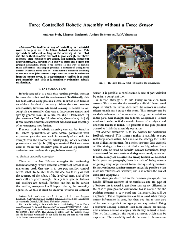 Pdf Sensorless Force Control In Robotic Assembly