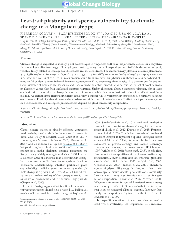 (PDF) Leaf-trait plasticity and species vulnerability to climate change ...