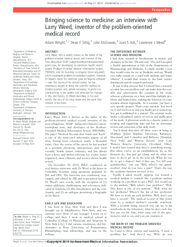 (PDF) Bringing science to medicine: an interview with Larry Weed ...