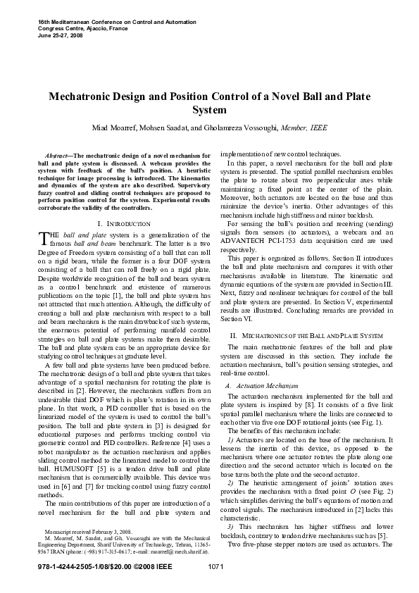 (PDF) Mechatronic design and position control of a novel ball and plate ...