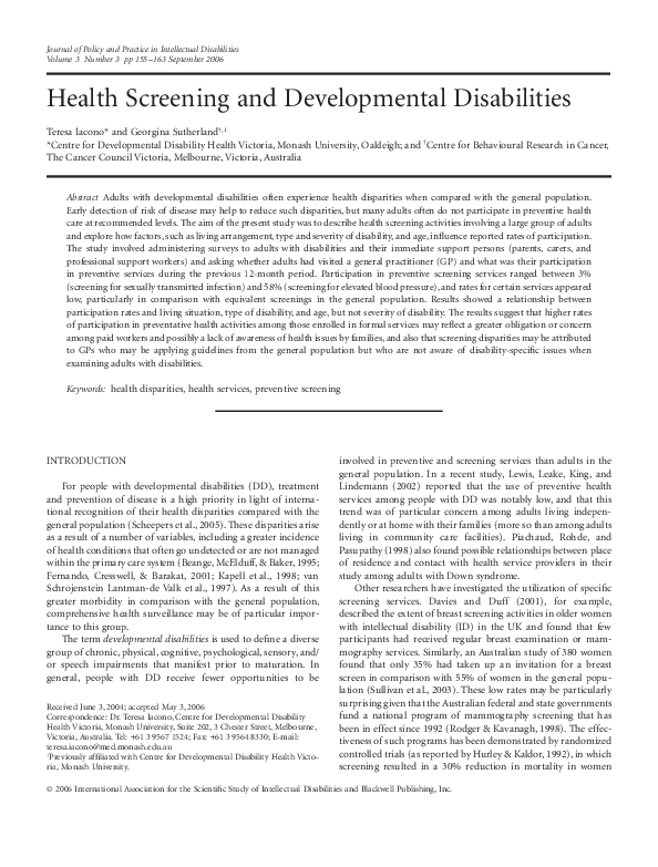(PDF) Health Screening and Developmental Disabilities