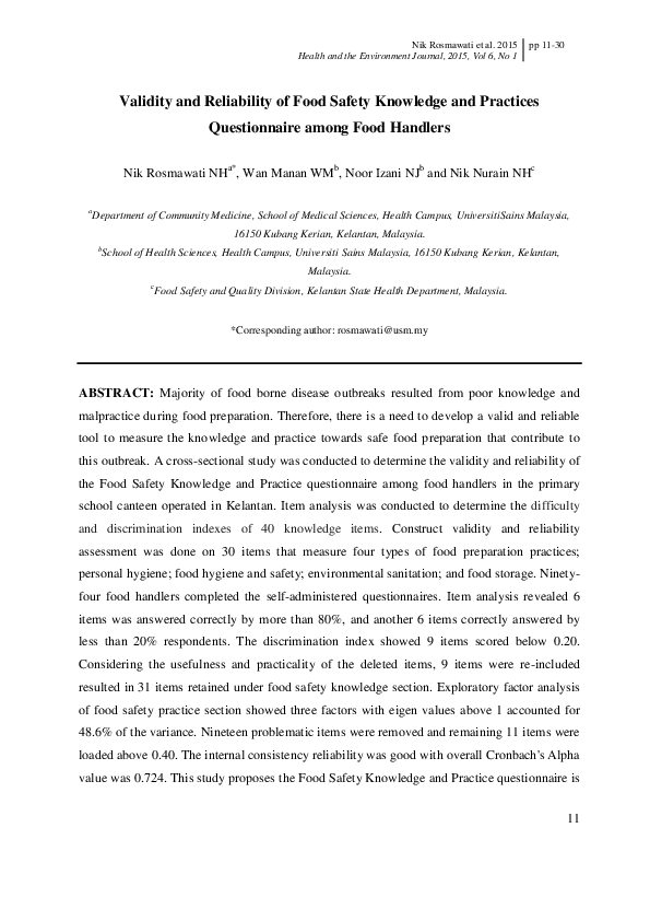 (PDF) Validity and Reliability of Food Safety Knowledge and Practices Questionnaire among Food ...