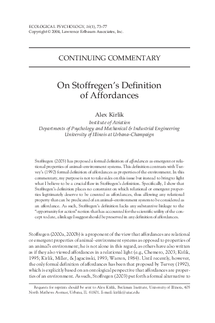 (PDF) On Stoffregen's Definition of Affordances