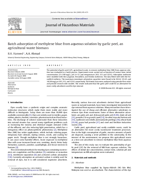 (PDF) Batch adsorption of methylene blue from aqueous solution by garlic peel, an agricultural ...