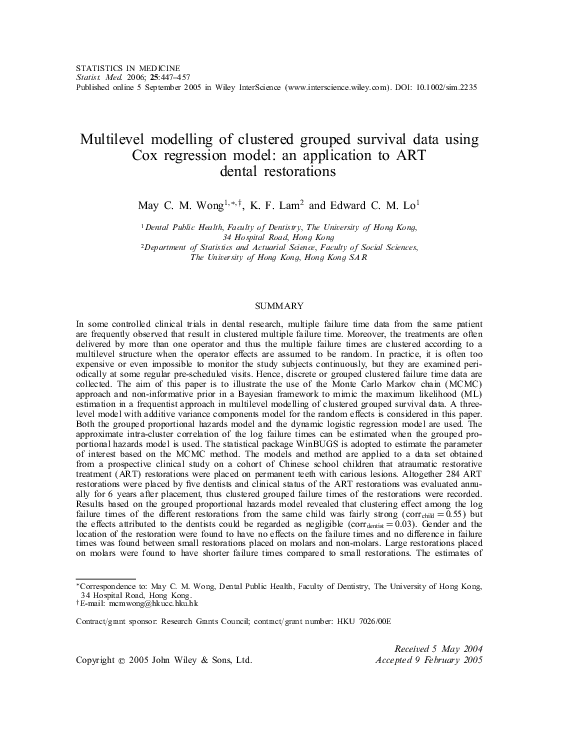 (PDF) Multilevel modelling of clustered grouped survival data using Cox regression model: an ...