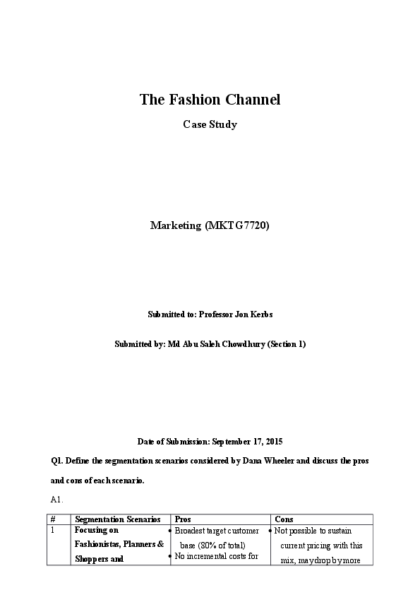 (DOC) The Fashion Channel Case Study Marketing (MKTG7720