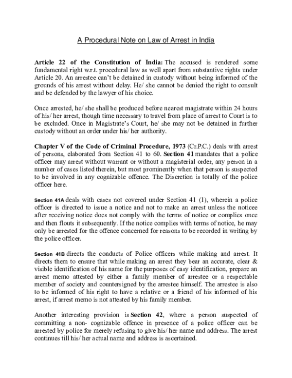 (DOC) A Procedural Note on Law of Arrest in India