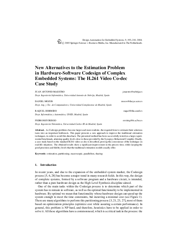 Pdf New Alternatives To The Estimation Problem In Hardware Software Codesign Of Complex